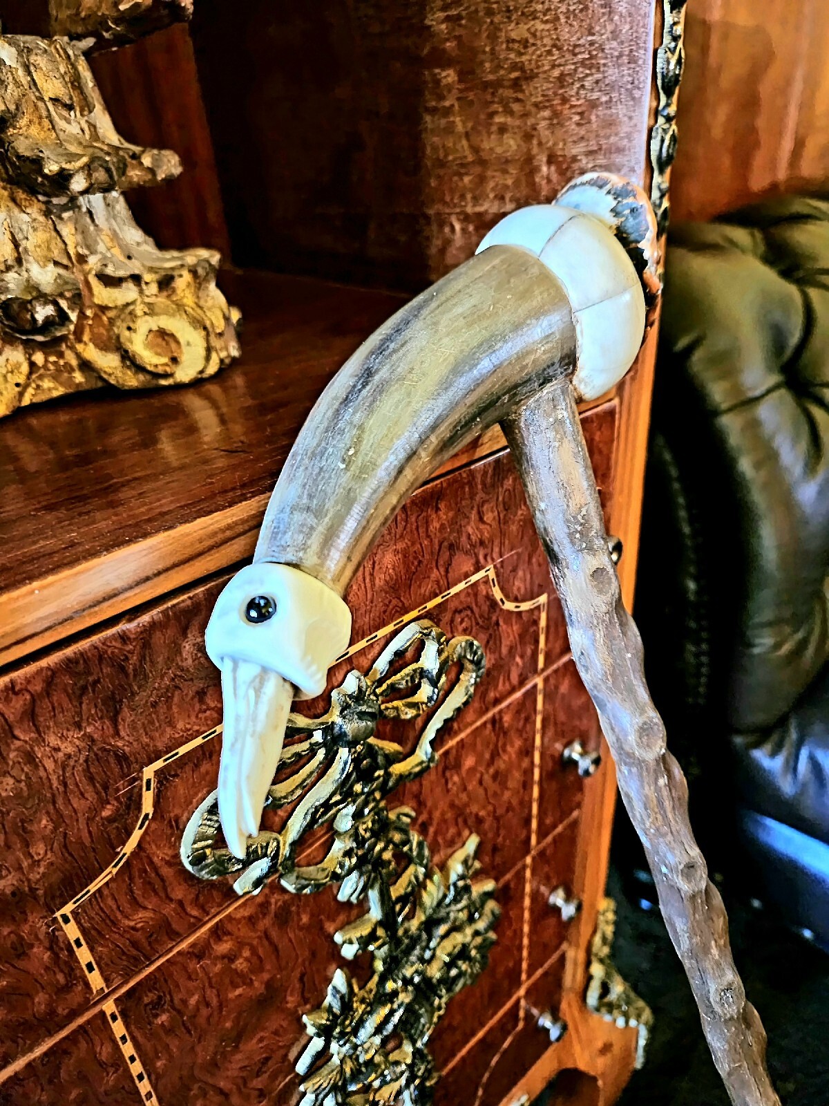 Antique Folk Art Stag Horn ,bone,goose Walking Stick - Gem