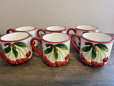 Ceramic Mugs Cherries Cherry Embossed Red White Green 6 oz. SET OF 6 ...