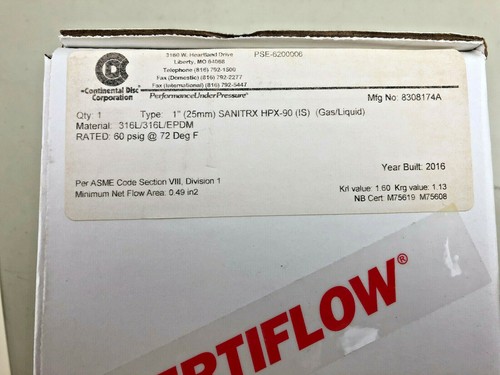 CDC Continental Rupture Disk Certiflow 1" Sanitrx HPX-90 IS(gas/liquid ...