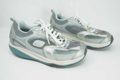 Skechers Shape Ups Womens White Blue Silver Walking Sneakers Shoes Size ...