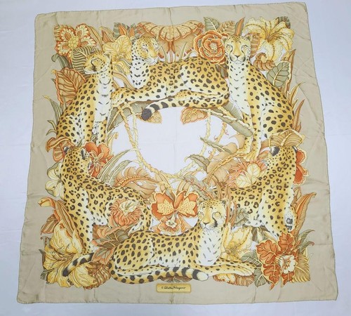 Ferragamo Leopard Silk Chiffon Large Scarf Beige Excellent Used No Box ...