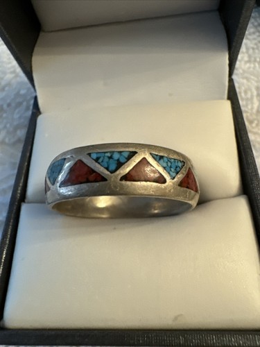 Navajo Chip Inlay Ring Sterling Sleeping Beauty Turquoise & Coral ...