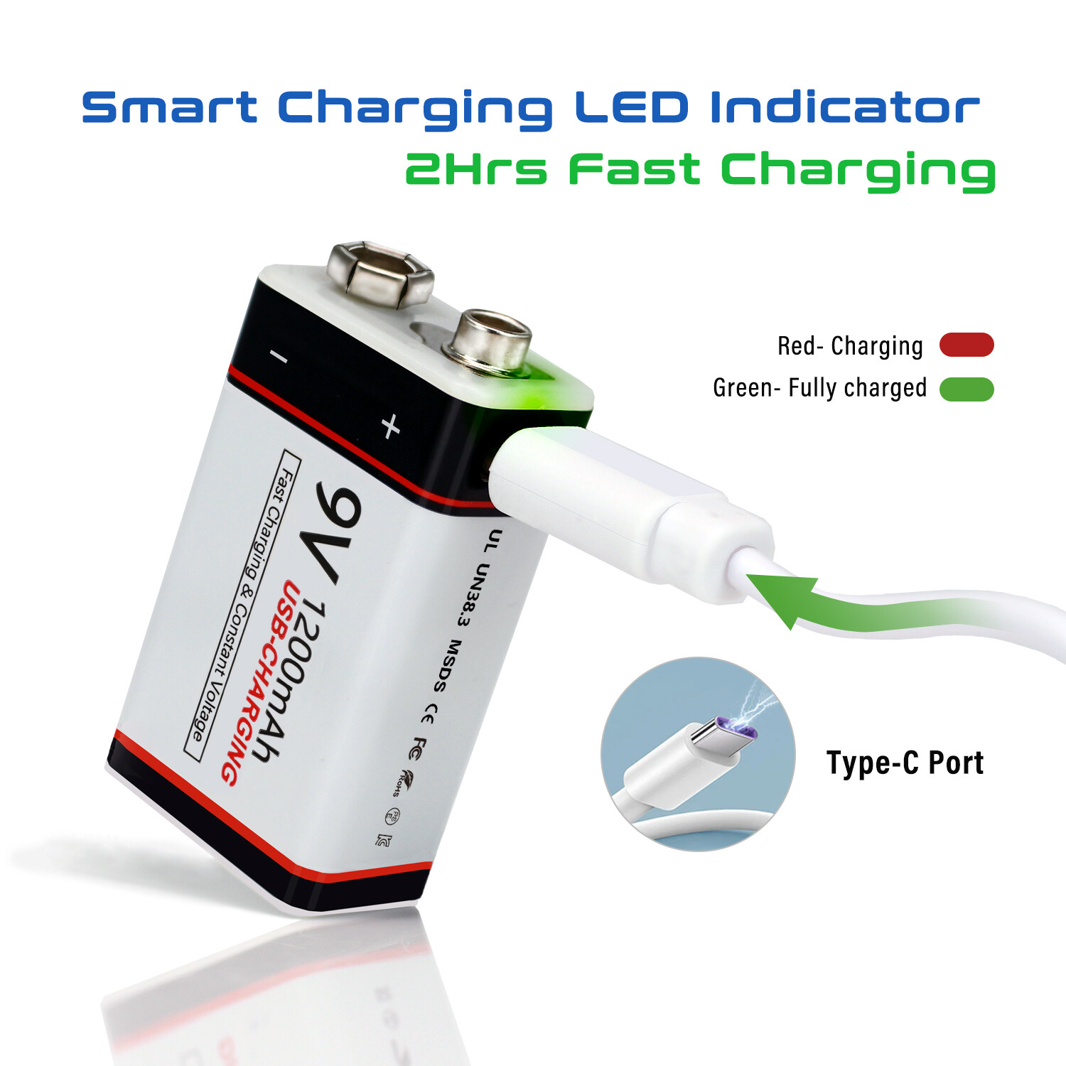 2*1200mAh 9v Battery USB Rechargeable Lithium 6f22 PP3 Block 9volt Li ...