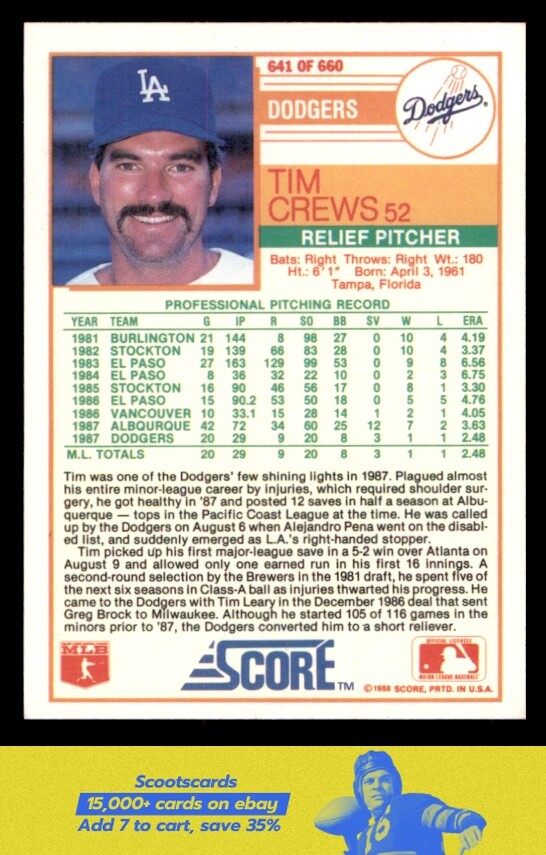 1988 Score Rookie Prospect Tim Crews RC/Rookie card #641 Los Angeles ...