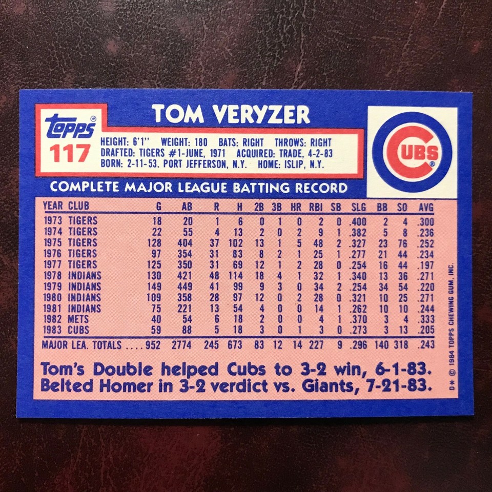 1984 Topps TIFFANY Set TOM VERYZER #117 CHICAGO CUBS ** MINT ** HIGH ...