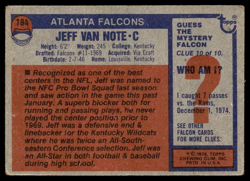 1976 Topps Jeff Van Note Atlanta Falcons #164 | eBay