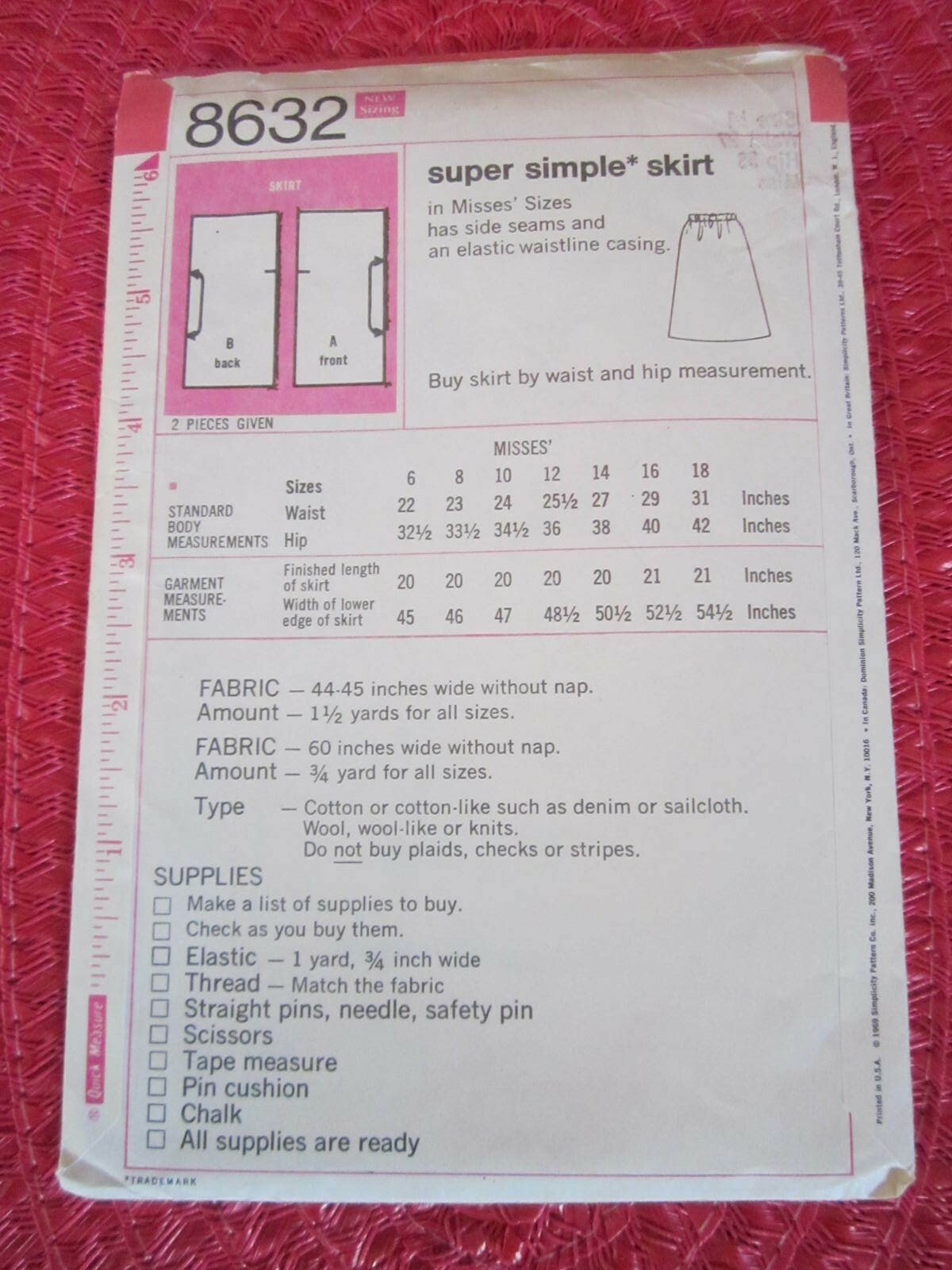 1960's VINTAGE Simplicity 8632 PATTERN Super Simple SKIRT MISSES Sz 14 ...