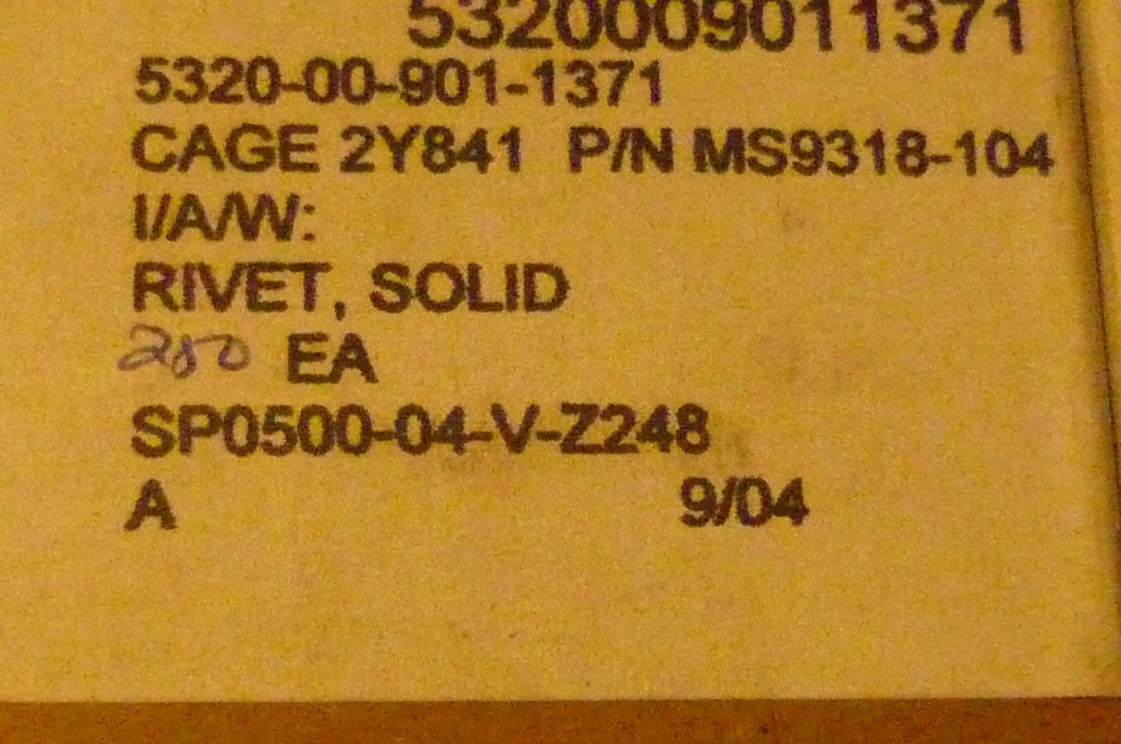 P/N MS9318-104 RIVETS Lot of 744 ea. Rivets -NSN 5320-00-901-1371 Rivet ...