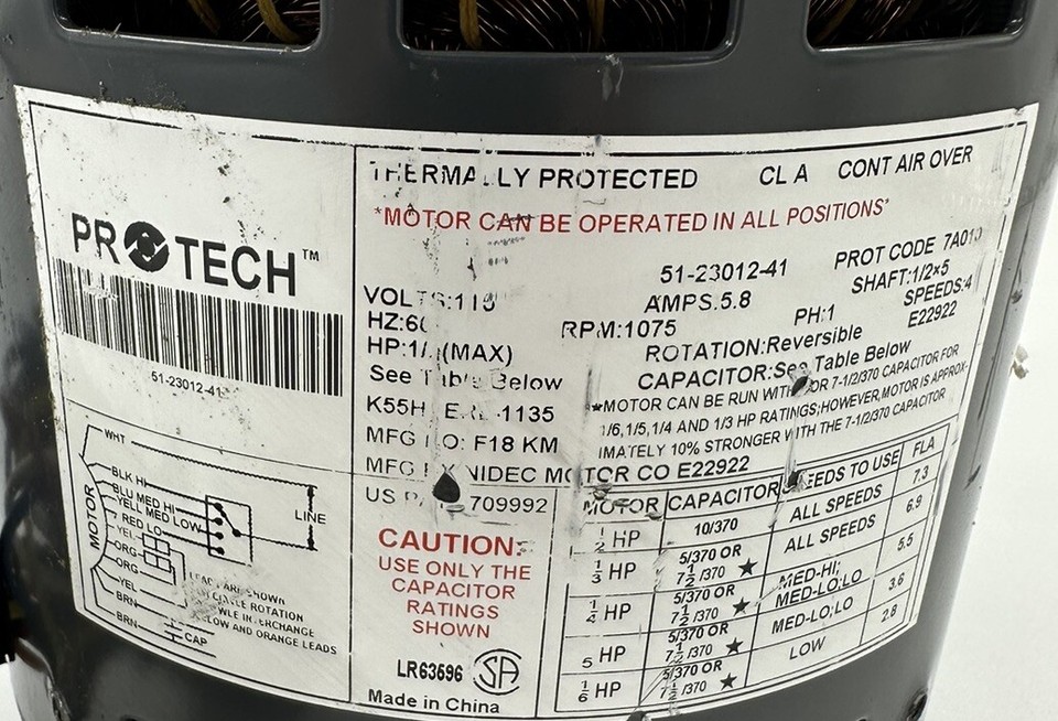 PROTECH K55HXMDA-4122 Furnace Blower Motor (51-23012-41) - 1/2HP 115V ...