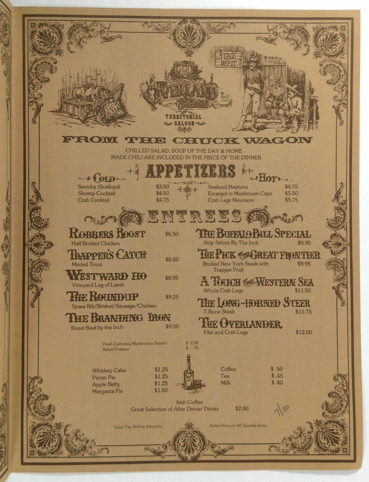 1980 Original Menu THE OVERLAND STAGE & Territorial Saloon Restaurant ...