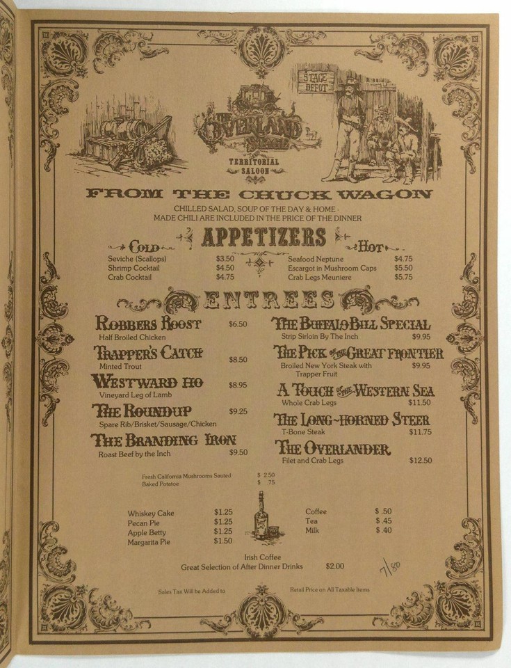 1980 Original Menu THE OVERLAND STAGE & Territorial Saloon Restaurant ...