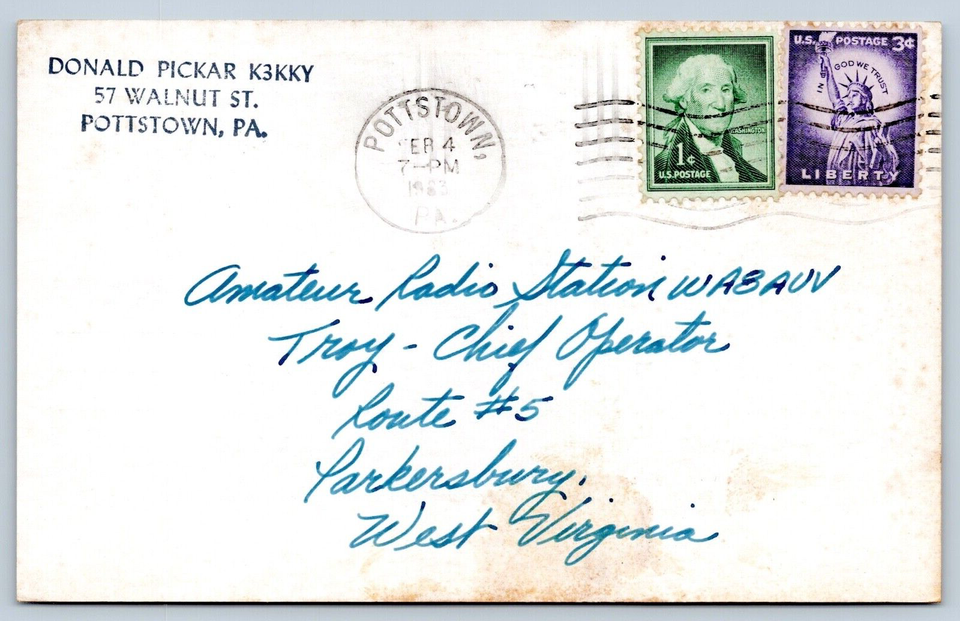 QSL CB Ham Radio Card K3KKY Don Pickar Pottstown Pennsylvania PA 1963 ...