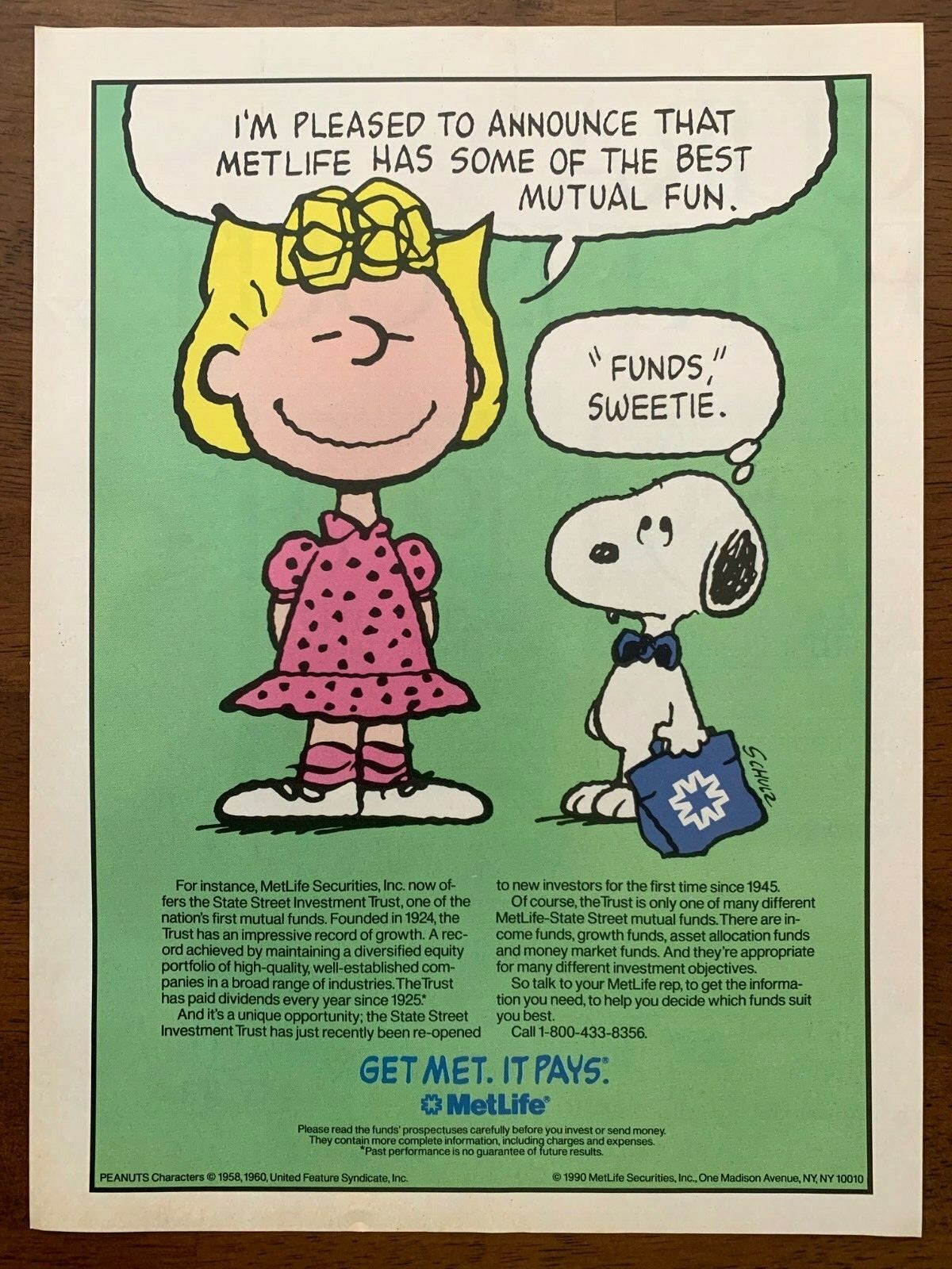 1990 MetLife Peanuts Snoopy Vintage Print Ad/Poster Retro Cartoon Pop ...