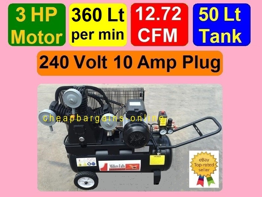 AIR COMPRESSOR 50Lt Tank 3 Cylinder 12.7 cfm 360Lp/m PORTABLE 240 Volt ...