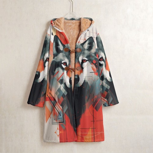 Wolf Print Hooded Fleece Coat, Wolf Warm Long Winter Overcoat, Tribal ...