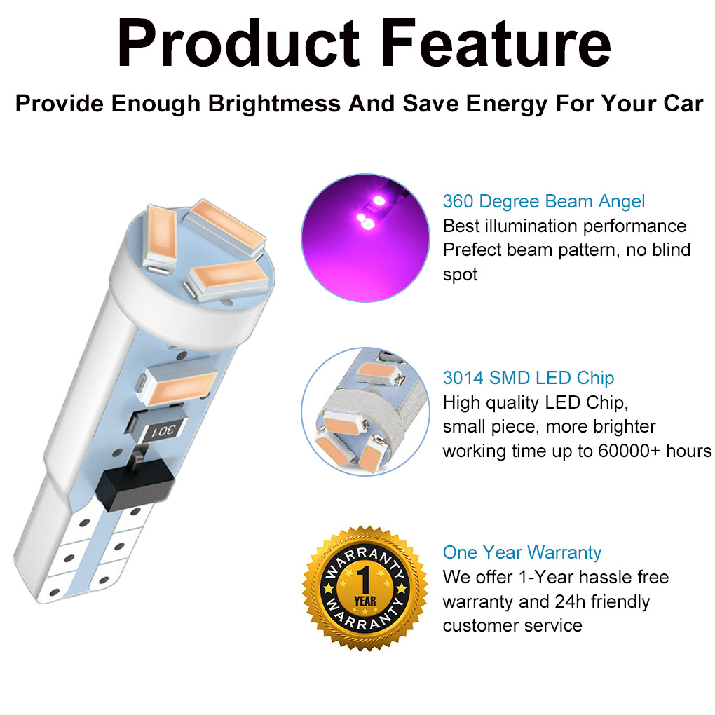 10X T5 Instrument Panel Dash 5 SMD LED Light Bulbs W/ PC74 T5 Sockets ...