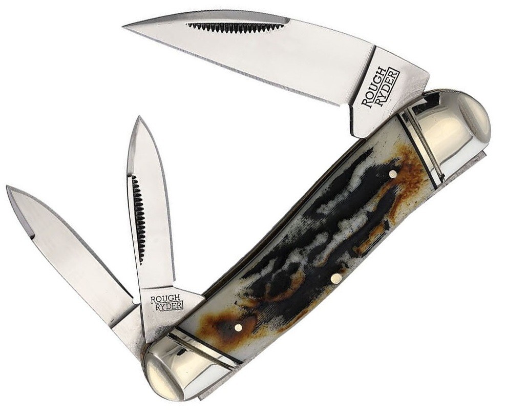 Rough Ryder Swayback Pocket Knife Carbon Steel Blades Cinnamon Stag ...