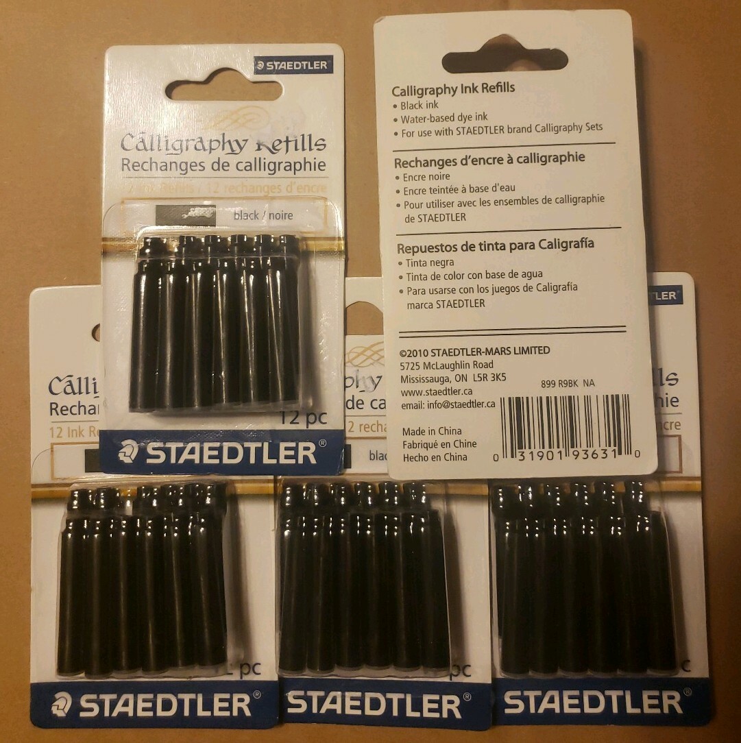 5x Staedtler Calligraphy Fountain Ink Pen Black Refills 12pk (60) 899 ...