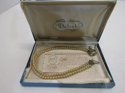 A-5 OLD VINTAGE 1950'S DELTAH SIMULATED DOUBLE PEARL NECKLACE COSTUME ...
