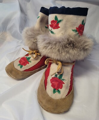 Vintage Native American Mukluks With Embroidery, Fur, Leather, Wool ...