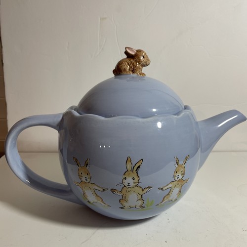 Kate Williams Global Connection Brown Bunny Rabbit Blue Ceramic Teapot ...