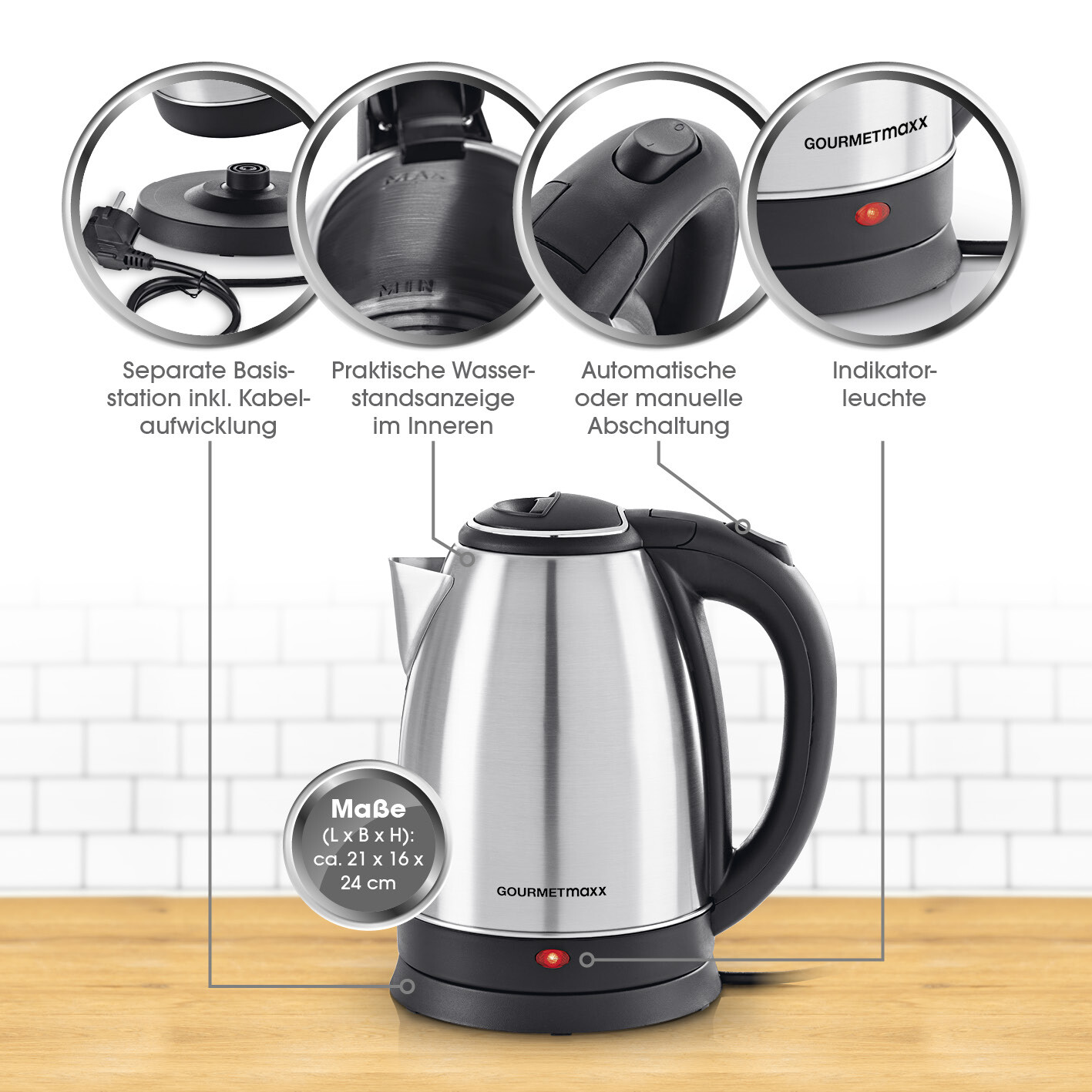 GOURMETmaxx Edelstahl Wasserkocher 1,8L elektrisch kabellos Teekocher ...