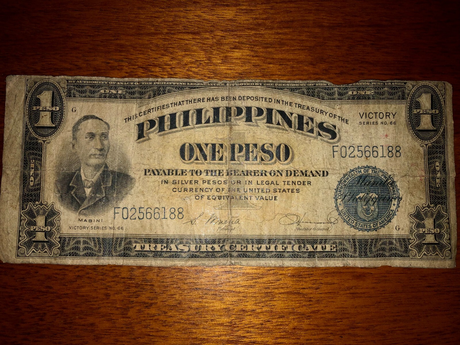 1 Peso 1922 Philippines Peso Victory Series 66 Treasury Certificate ...