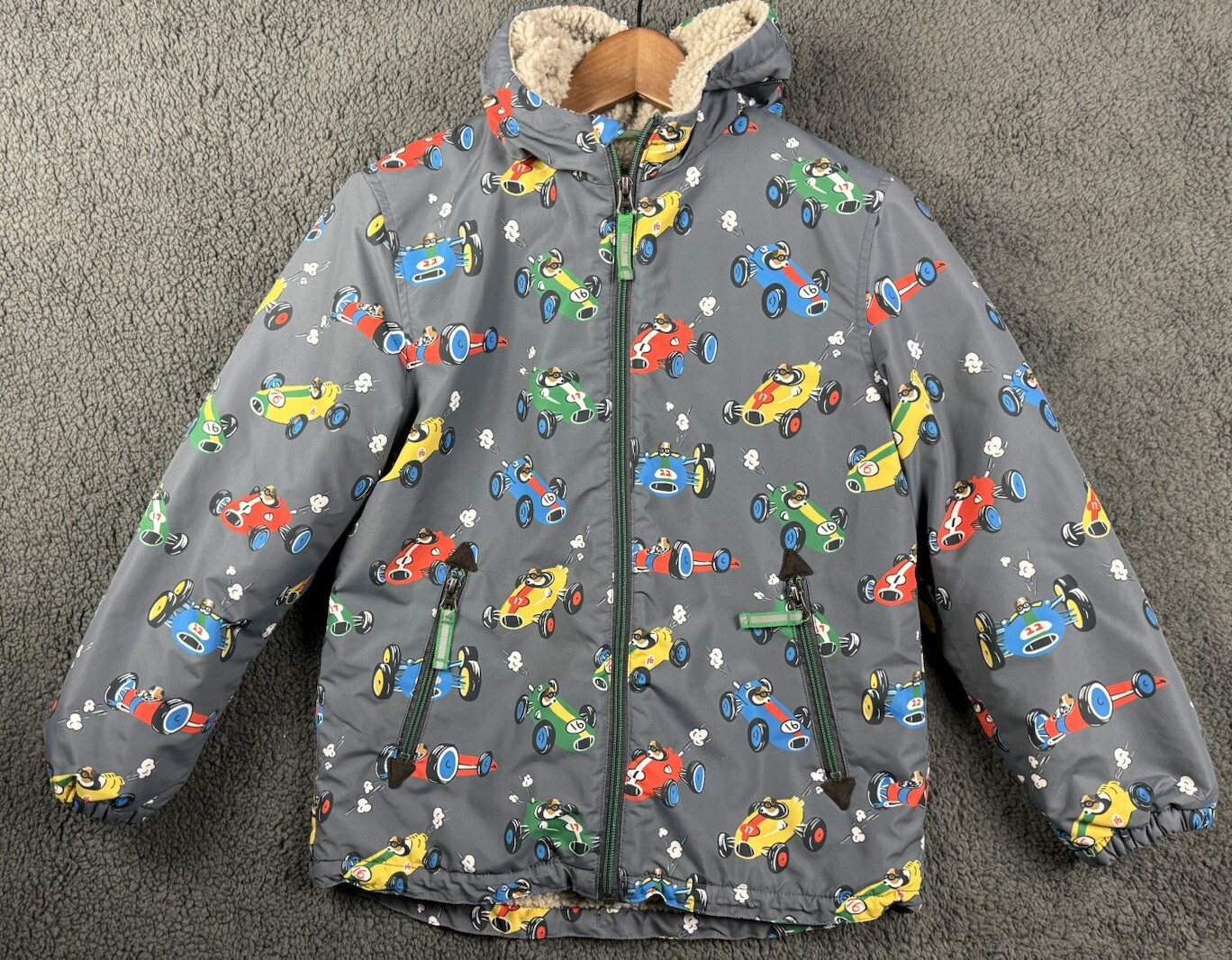 Mini Boden Boys 9-10 Race Car Dog Sherpa Jacket Gray Multicolor Snow ...
