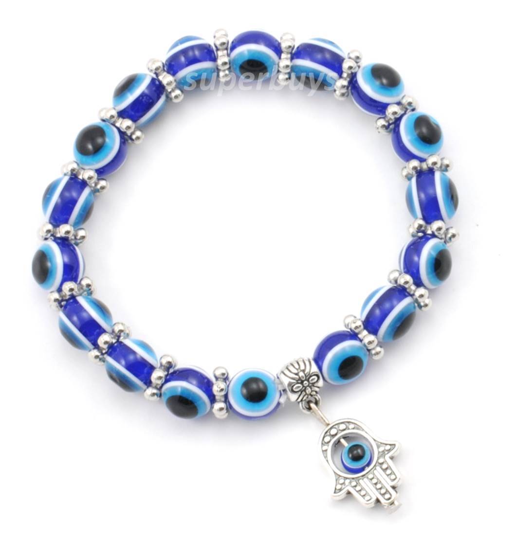 Hamsa Fatima Hand Bracelet Amulet Charm Ward Off Evil Eye Beads Stretch ...