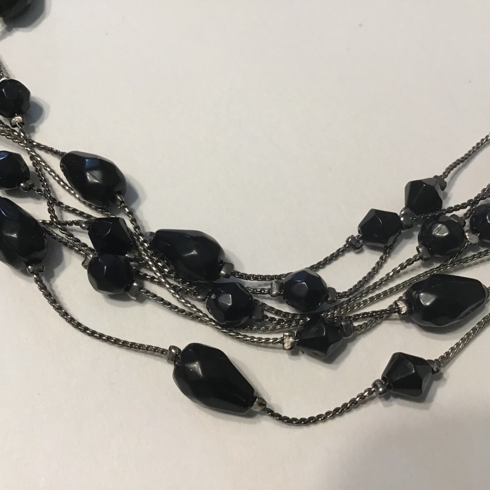 Black Multi-strand Chain Beaded Necklace Silver Tone Adjustable 16” to ...