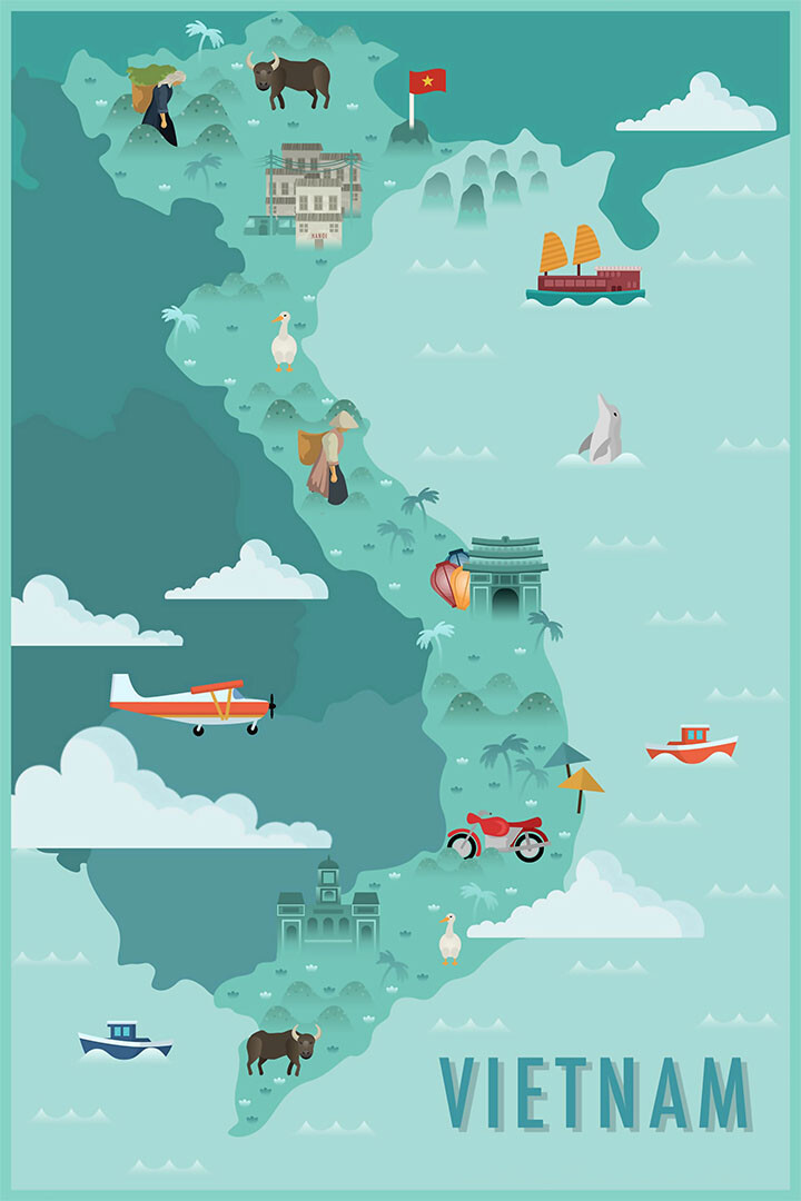Vietnam Map Landscape Sea Cities Vintage Print Wall Art Home - POSTER ...