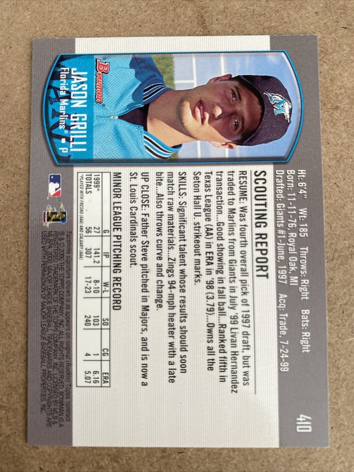 2000 Bowman #410 Jason Grilli AUTOGRAPHED Card - Florida Marlins | eBay