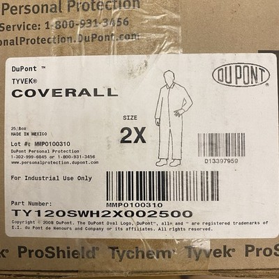 Dupont TYVEK Protective Clothing TY120SWH2X002500 Coverall White 2XL 25 ...