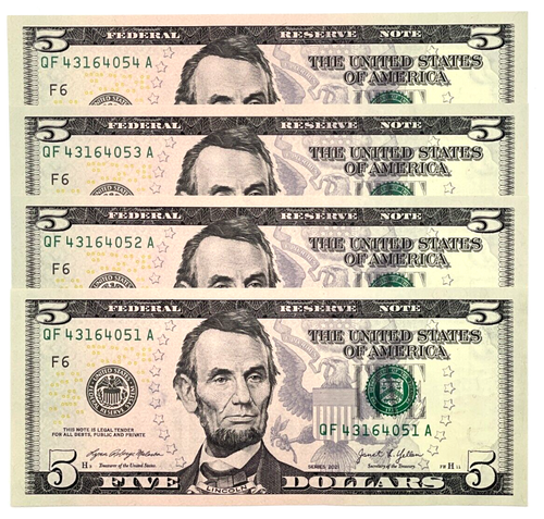 NEW Uncirculated Five Dollar Bills Series 2021 $5 Sequential Bank Notes ...