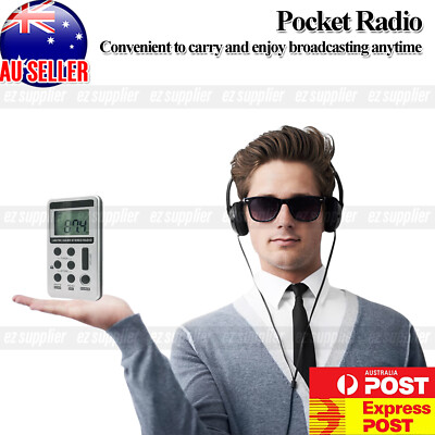 Silver FM/AM Radio Pocket Receiver Portable Digital LCD Stereo Earphone ...