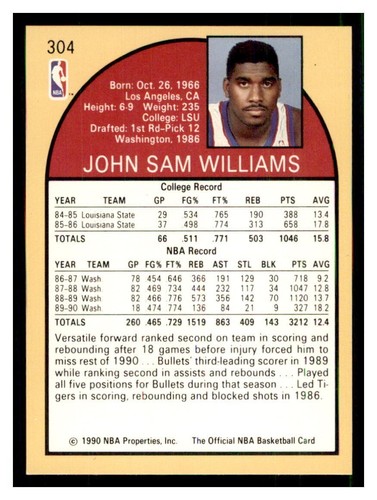 1990-91 NBA Hoops #304 JOHN WILLIAMS Washington Bullets | eBay