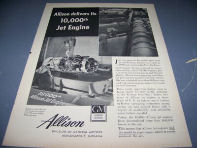 1950 ALLISON J33/J35/T40 TURBO JET "10,000"..1-PAGE ORIGINAL SALES AD ...