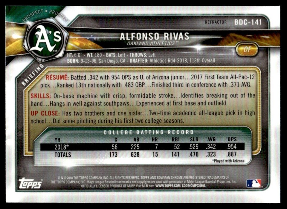 2018 Bowman Draft Chrome Refractor Alfonso Rivas G23 Oakland Athletics ...