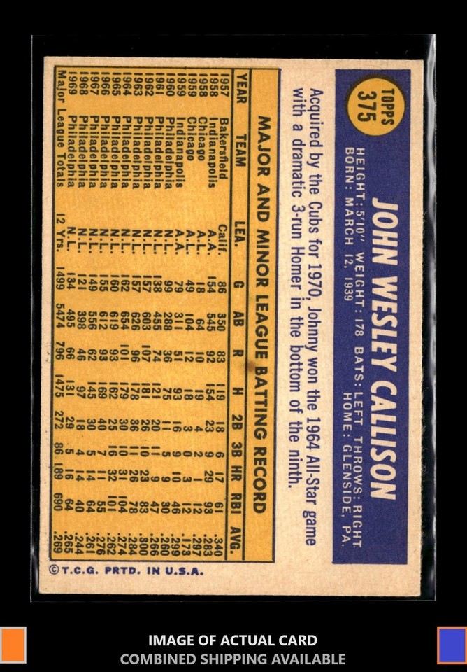 1970 Topps #375 Johnny Callison Chicago Cubs EX/MT-NM | eBay