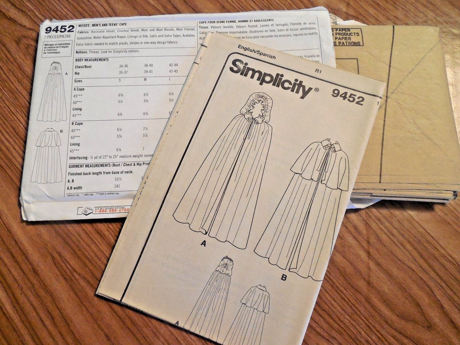 OOP 2000 Misses Men Teen Cape Costume Uncut Simplicity 9452 Pattern ...