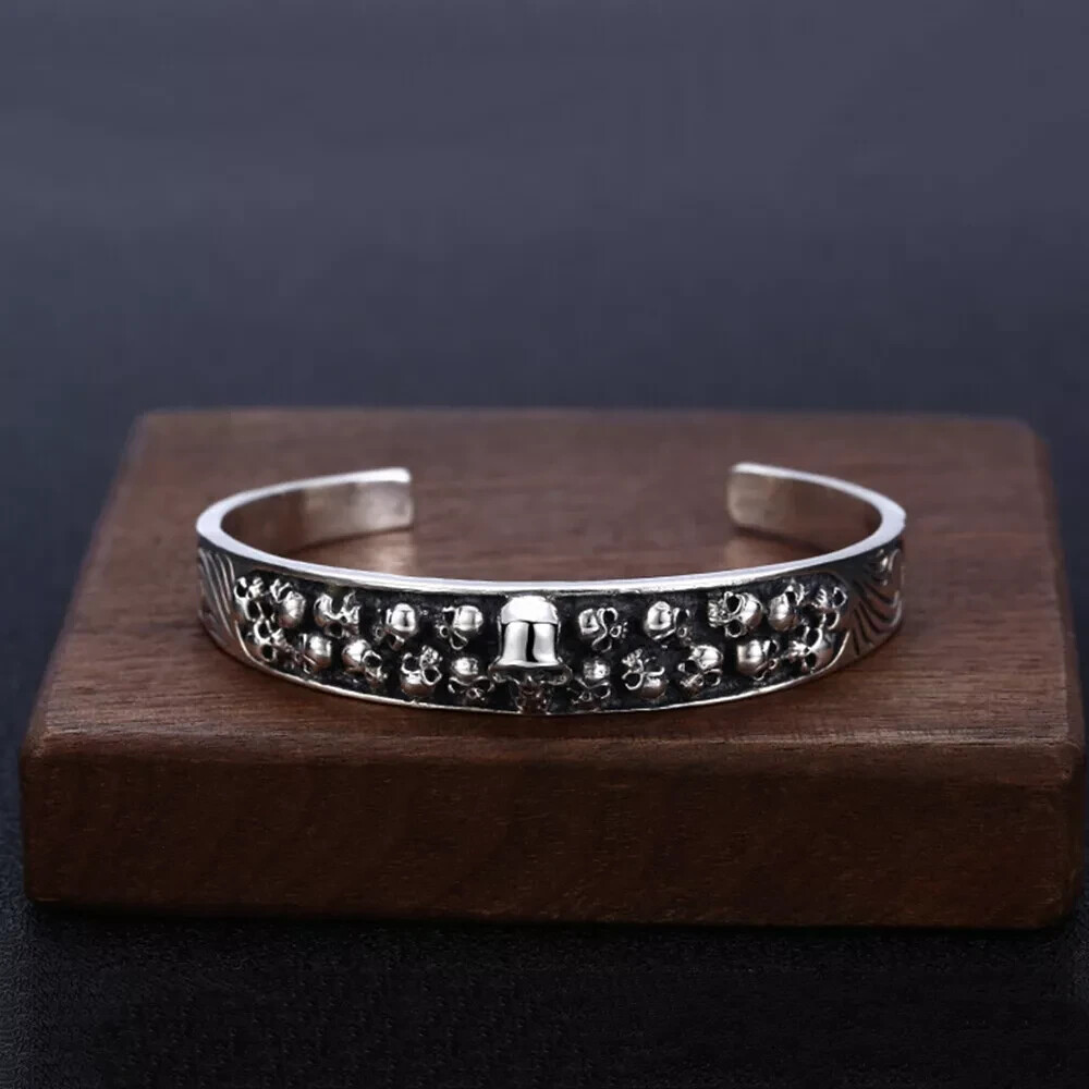 Real Solid 925 Sterling Silver Cuff Bracelet Skeletons Skull Open ...