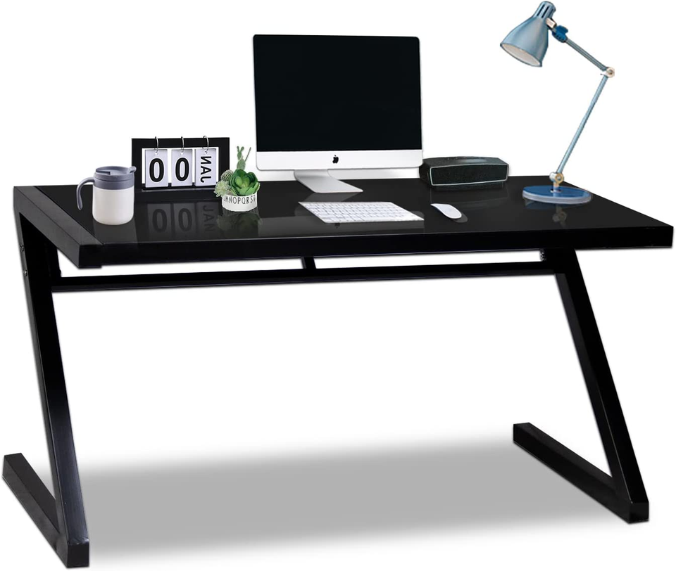55'' Z Shape Computer Desk Tempered Glass Table Modern Office Desk ...