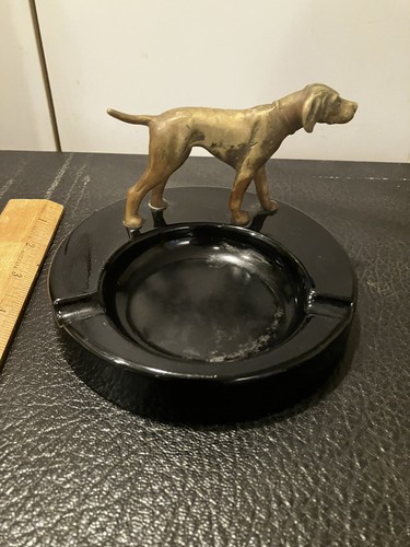 Antique Art Deco Black Slag Glass Ashtray Metal Dog Hound Pointer ...