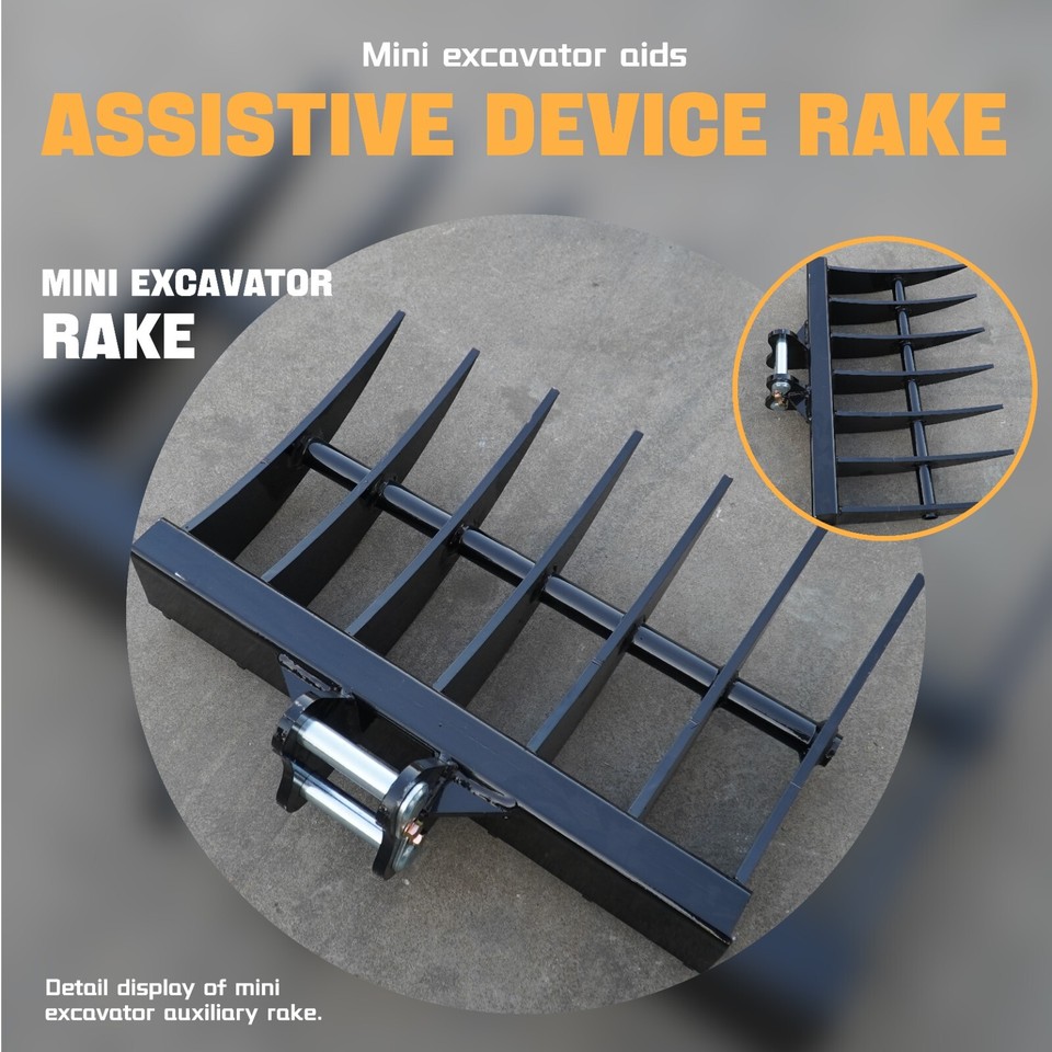 Mini Excavator Rake Attachment 600mm 7- tooth 1-3 Ton Excavator Free ...