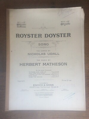 Rooster Doyster Song words Nicholas Udall Music Herbert Matheson Sheet ...