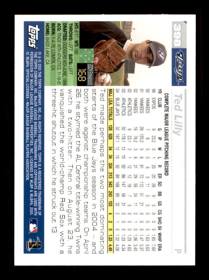2005 Baseball Topps Ted Lilly Toronto Blue Jays #398 | eBay