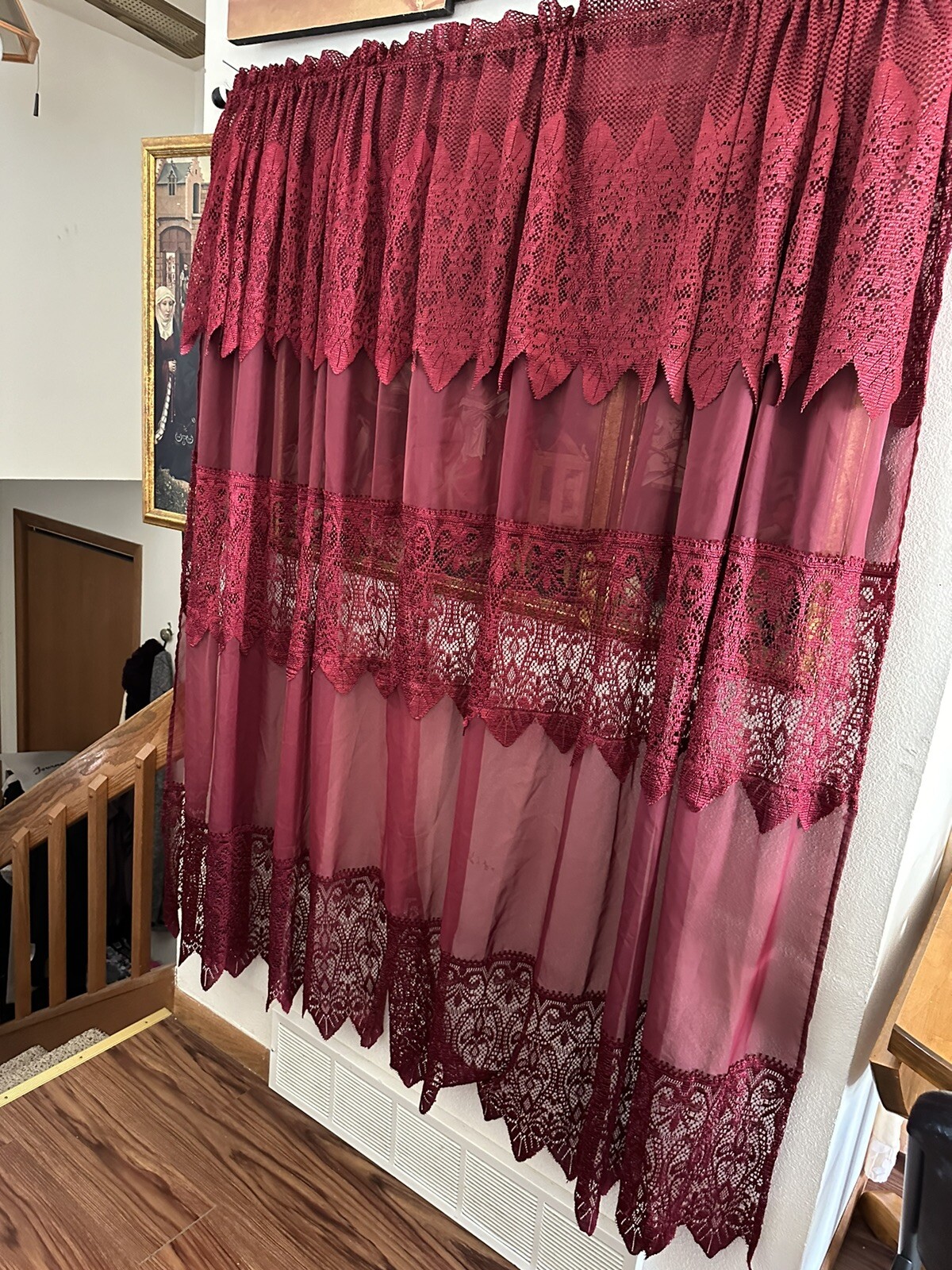 VTG French Red Sheer Lace Fishnet 2 Hanging Drapes Panels 64”L x 51” W ...