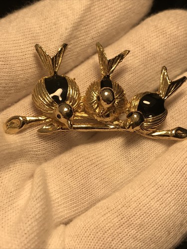 Vintage Three Birds on a Tree Branch Black Enamel Gold Tone Brooch Pin ...