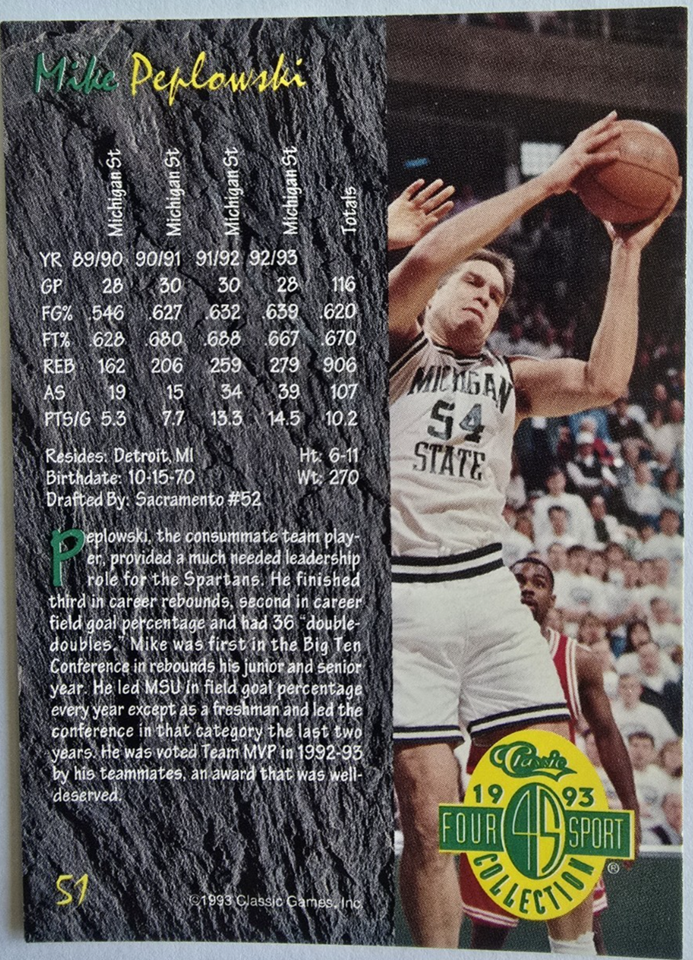 Mike Peplowski, 1993 Classic Four Sport Rookie, Sacramento Kings, # 51 ...