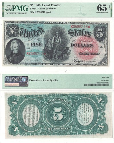 1869 $5 Legal Tender Note Fr-64 PMG Gem CU-65 EPQ | eBay